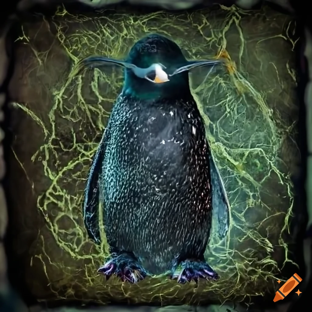 Surreal artwork with a penguin and various elements on Craiyon