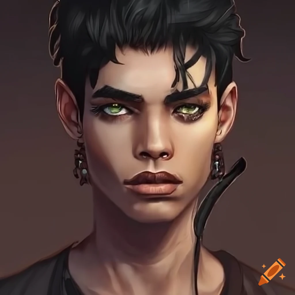 Image of a male character with black hair and a piercing on Craiyon