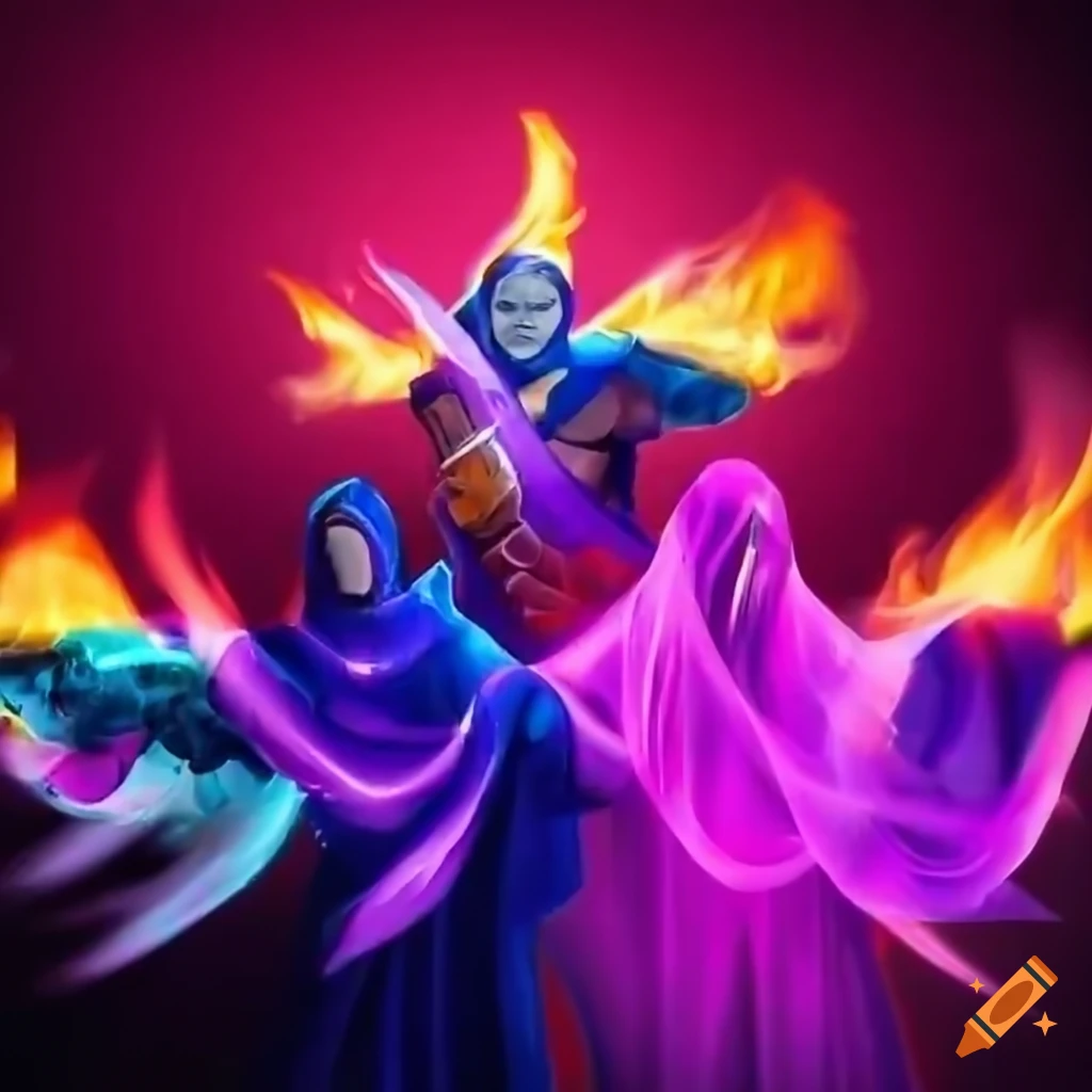 Colorful depiction of cyber wizards shooting magical fire on Craiyon