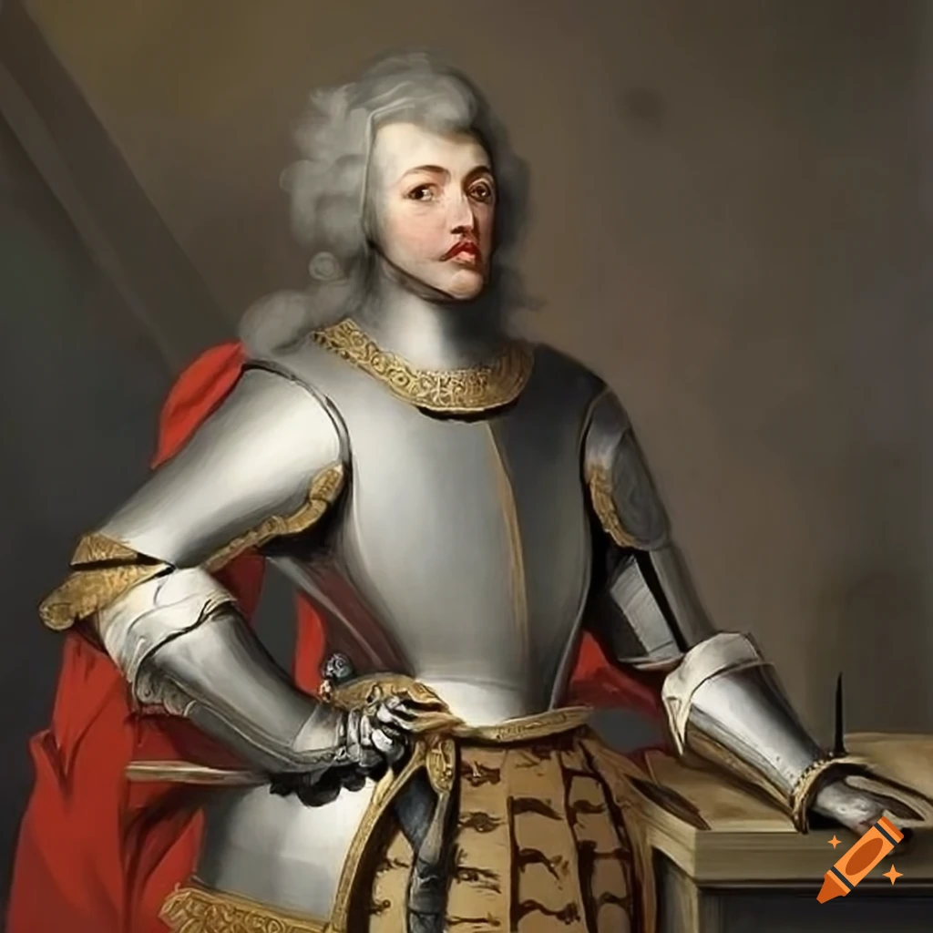 Baroque painting of a standing king in plate armor on Craiyon