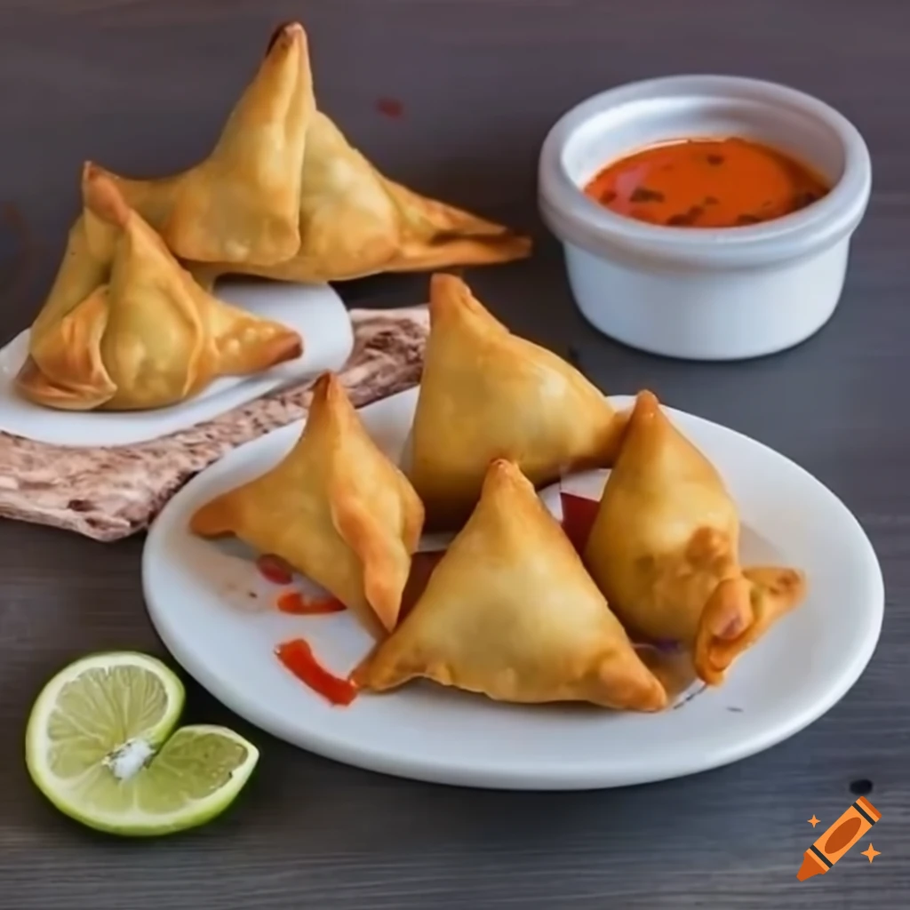Crunchy samosa filled with falafel and served with harissa sauce on Craiyon