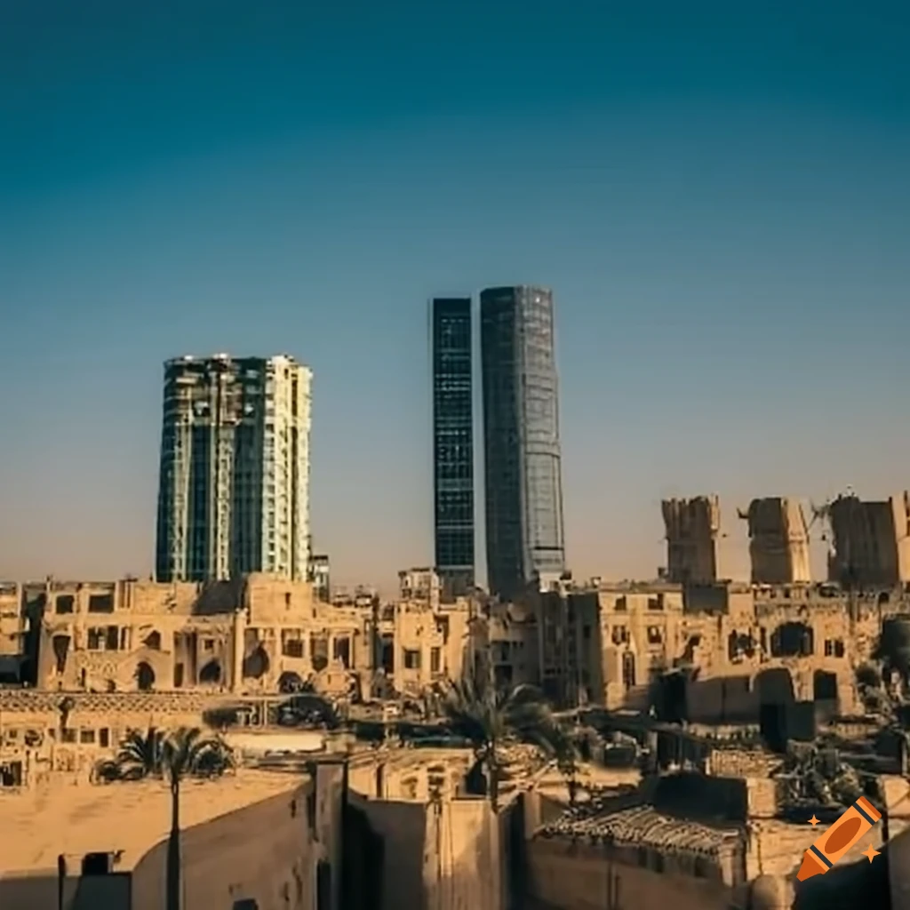Cityscape of tall buildings in Baghdad on Craiyon