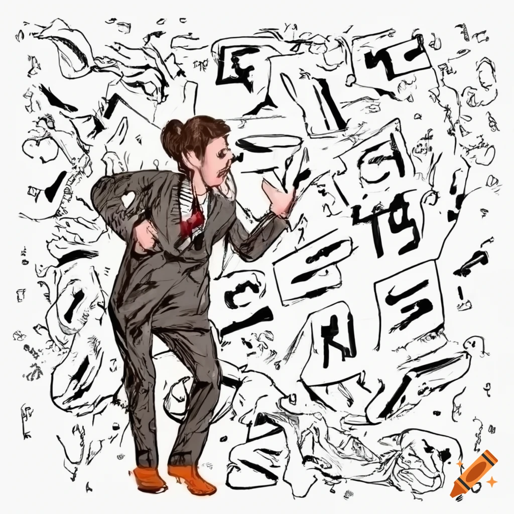 Comic illustration of person fleeing from words on Craiyon
