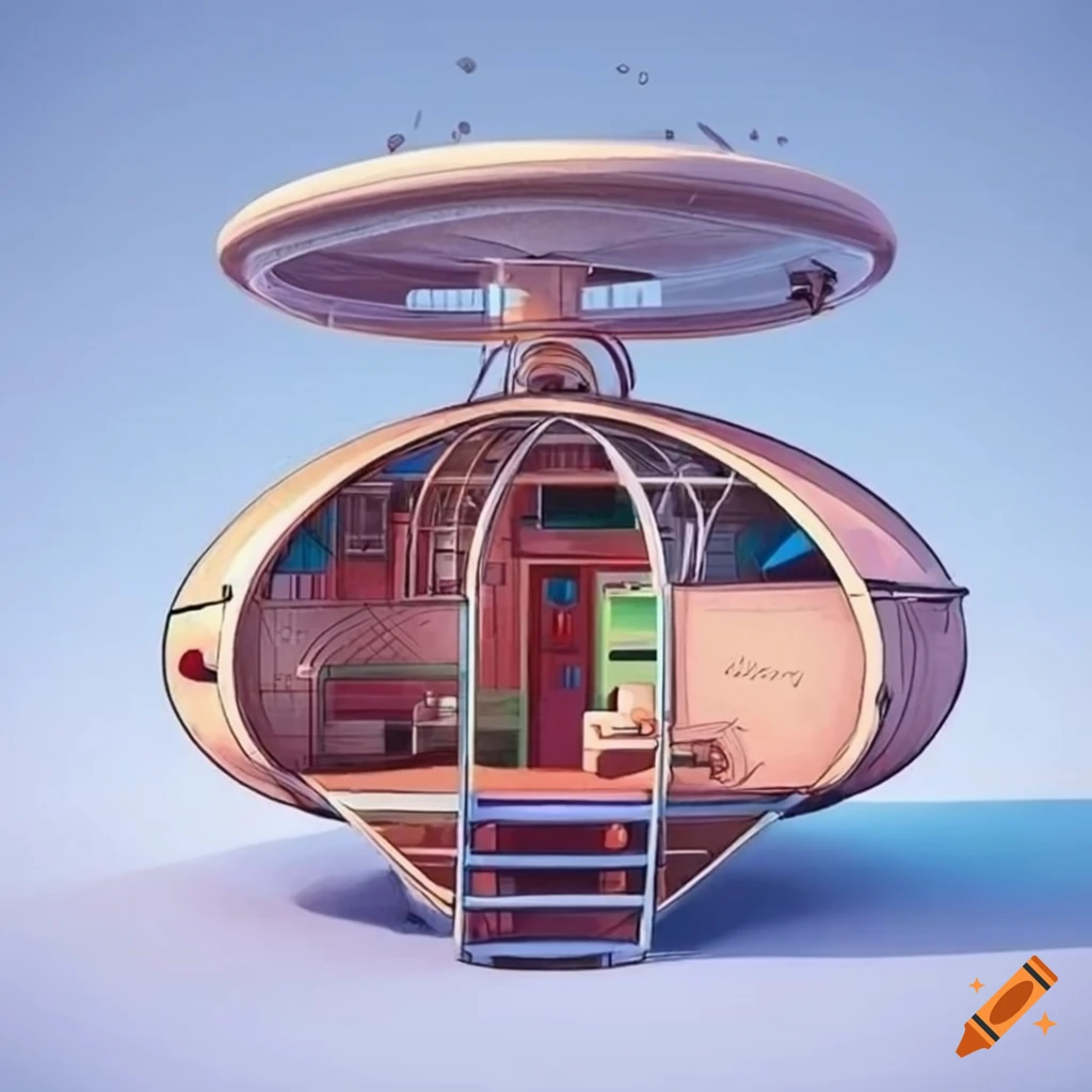Retro futurism drawing of a living pod with unique landing stilts on ...