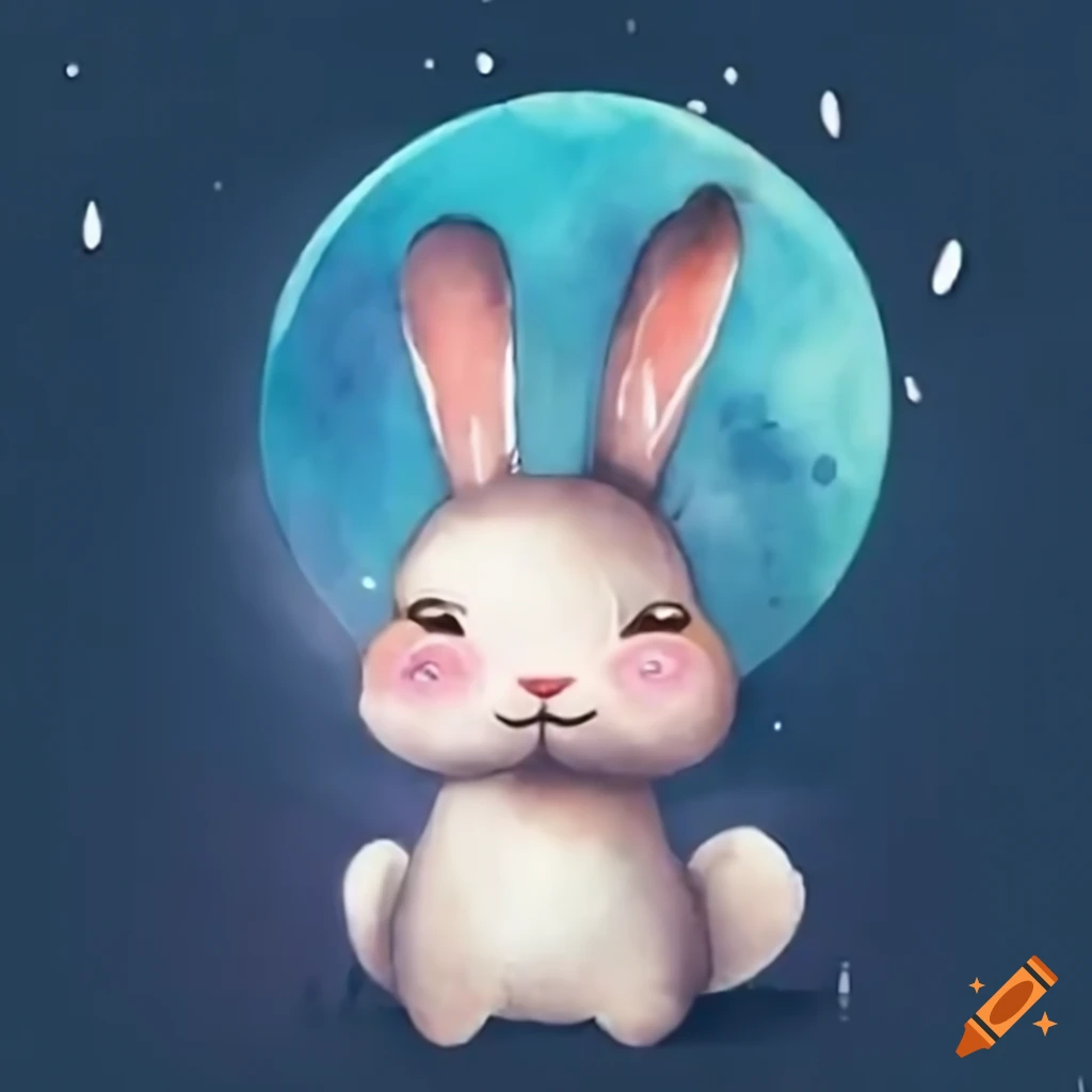 White rabbit in front of a full moon