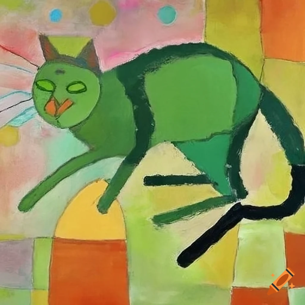 Abstract painting of a jumping green cat by paul klee on Craiyon