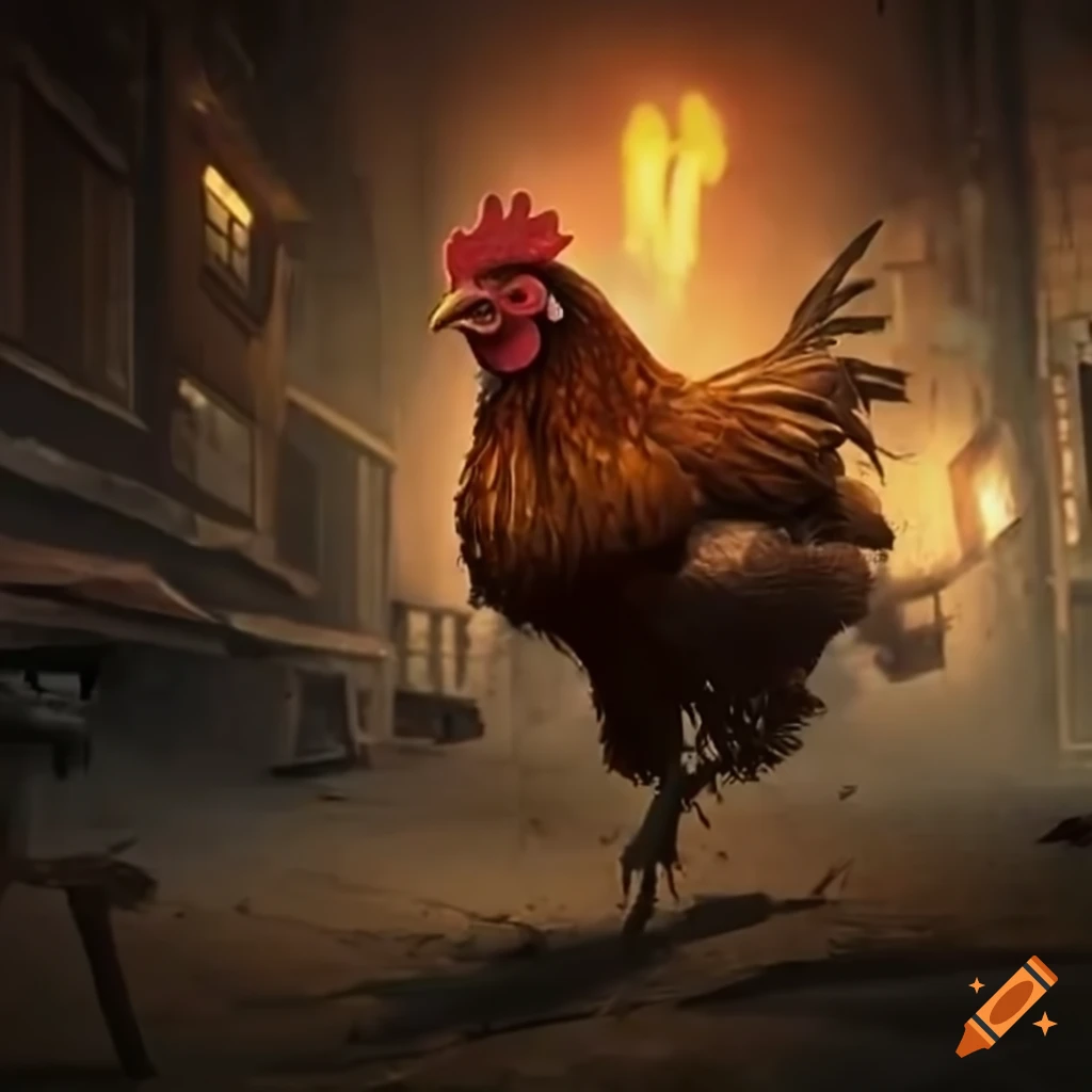 Chicken running in a post-apocalyptic setting on Craiyon