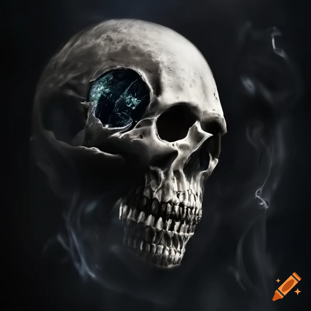 Surreal image with broken skull, druidic runes, and smoke on Craiyon