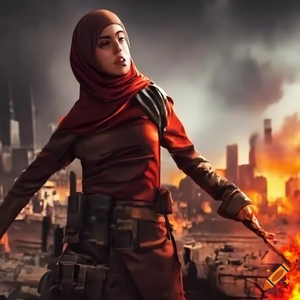 Image of a brave muslim woman soldier in a war-torn city on Craiyon