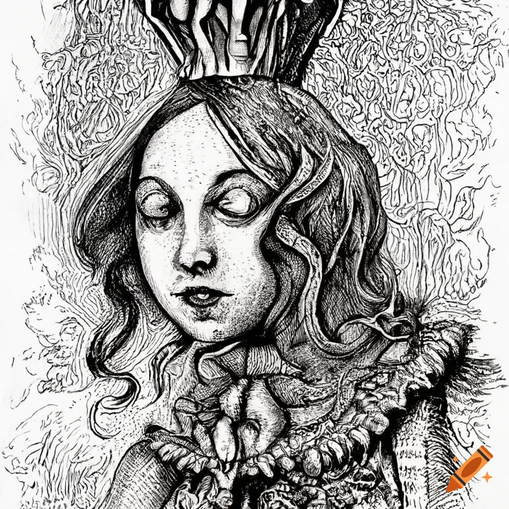 Detailed pen and ink illustration of alice in wonderland on Craiyon