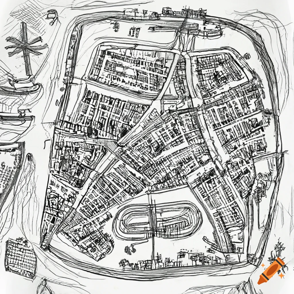 Black and white aerial sketch of a modern utopia map on Craiyon