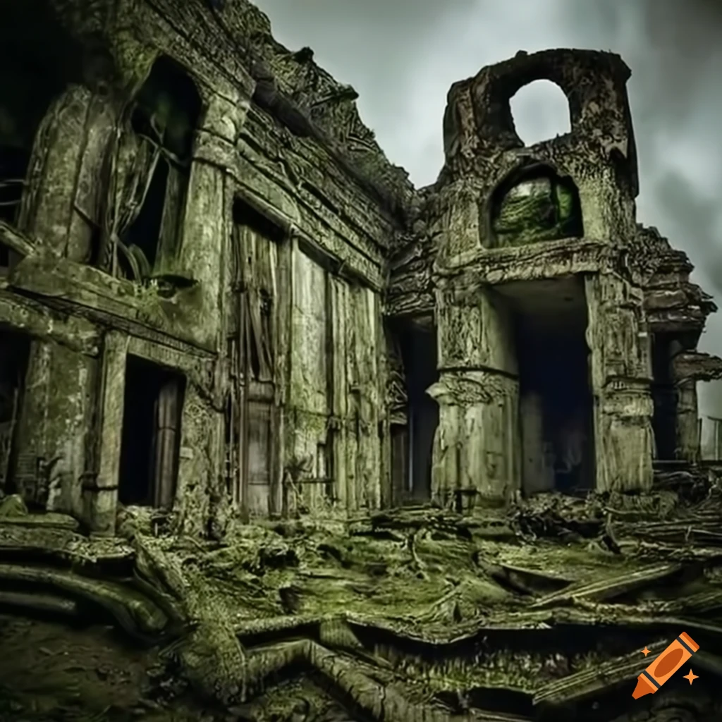 Image of eerie ruins in a post-apocalyptic jungle on Craiyon