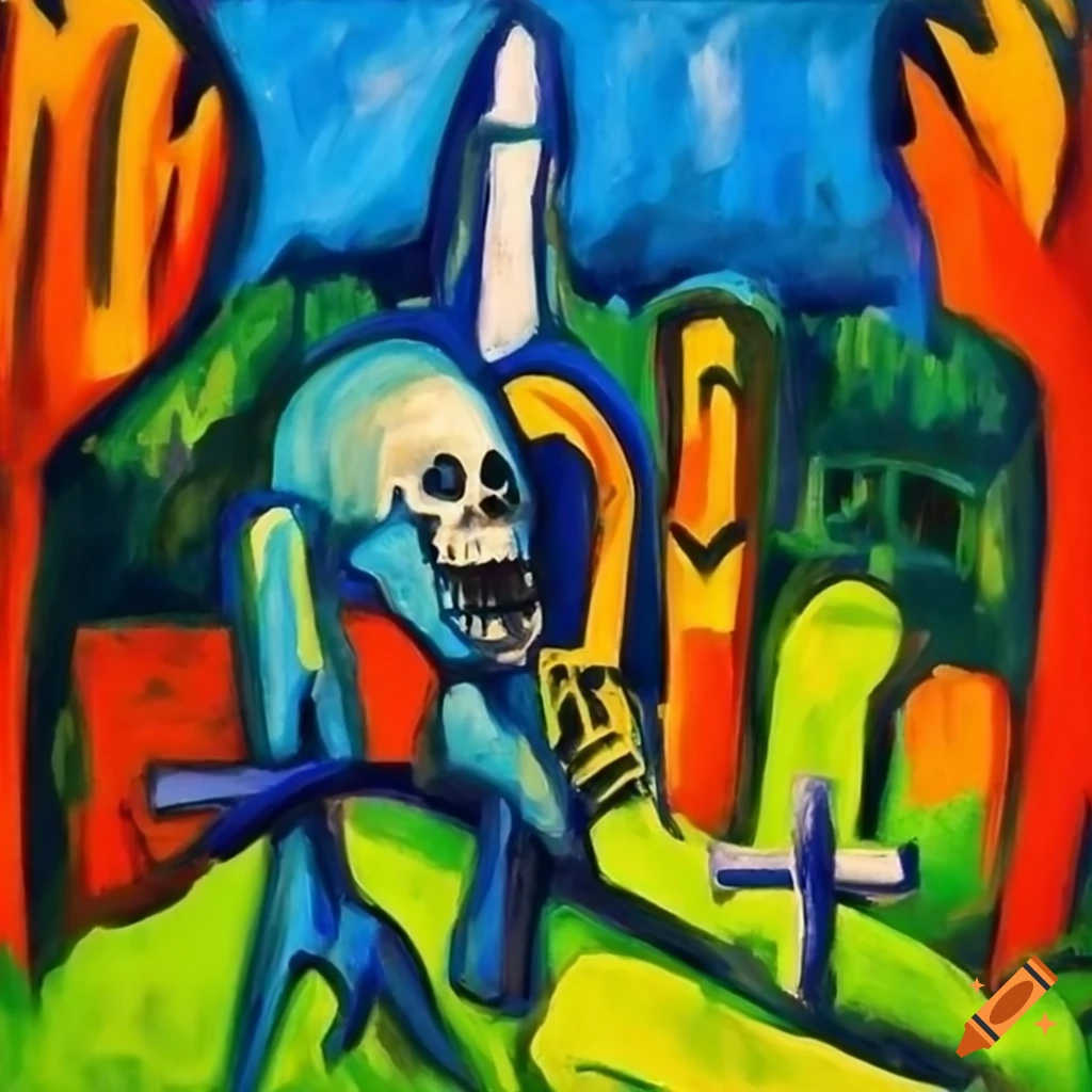 Kirchner-style painting of a cemetery with a skeleton and a ghost on ...