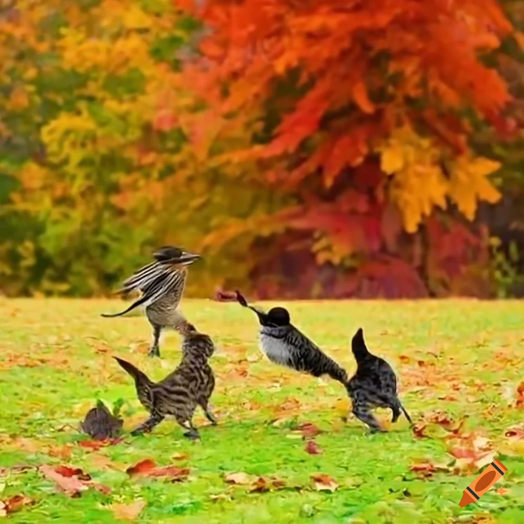 Birds and cats playing in a colorful fall scenery on Craiyon