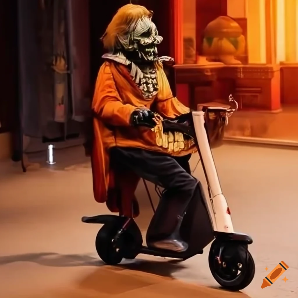 Animatronic riding an electric scooter for halloween on Craiyon