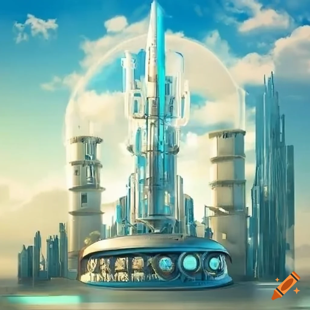 A futuristic steampunk skyscraper in the center of a city on Craiyon