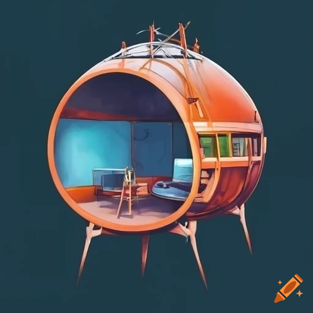 Retro futurism style technical drawing of a living pod with unique ...