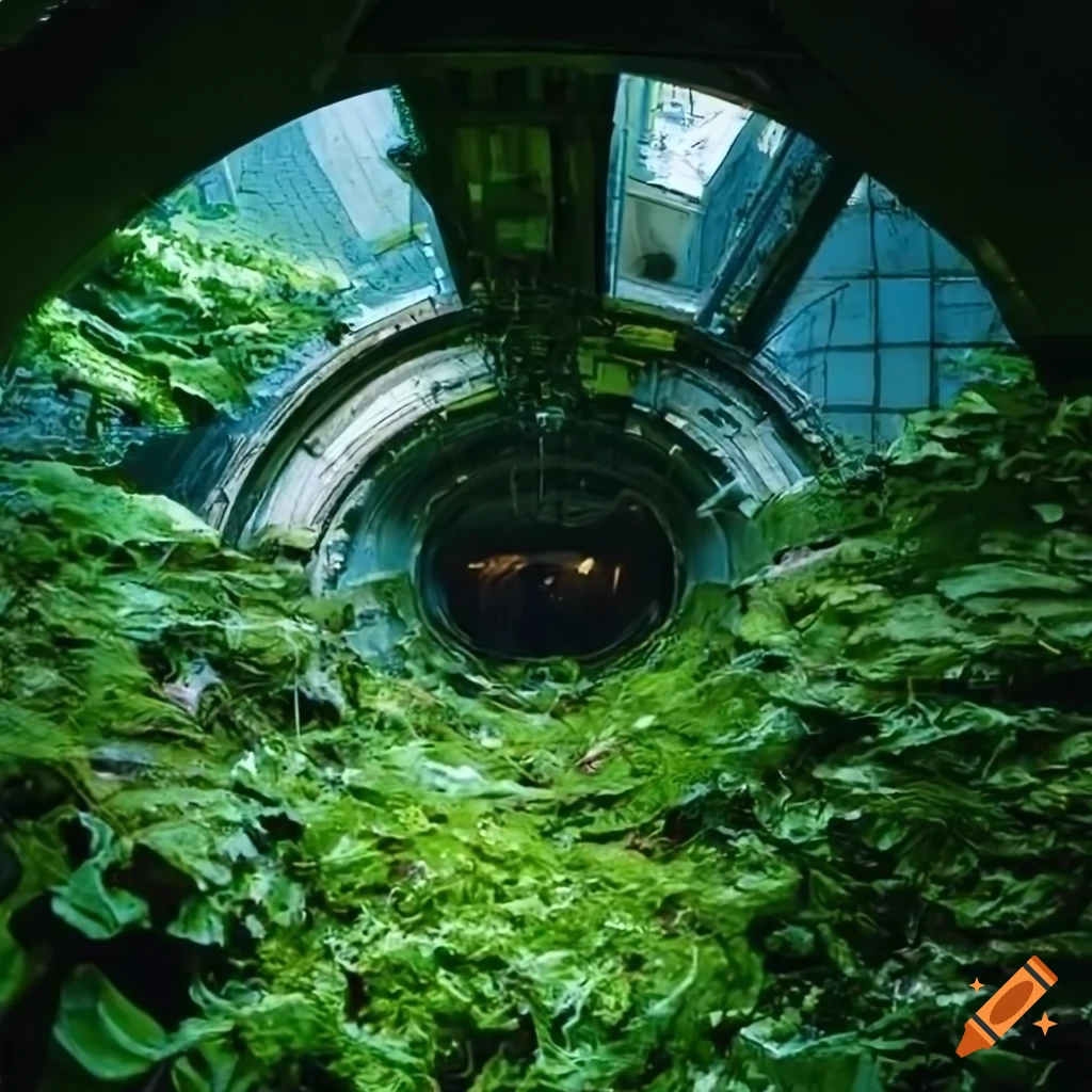 Interior of a spaceship with overgrown plants on Craiyon