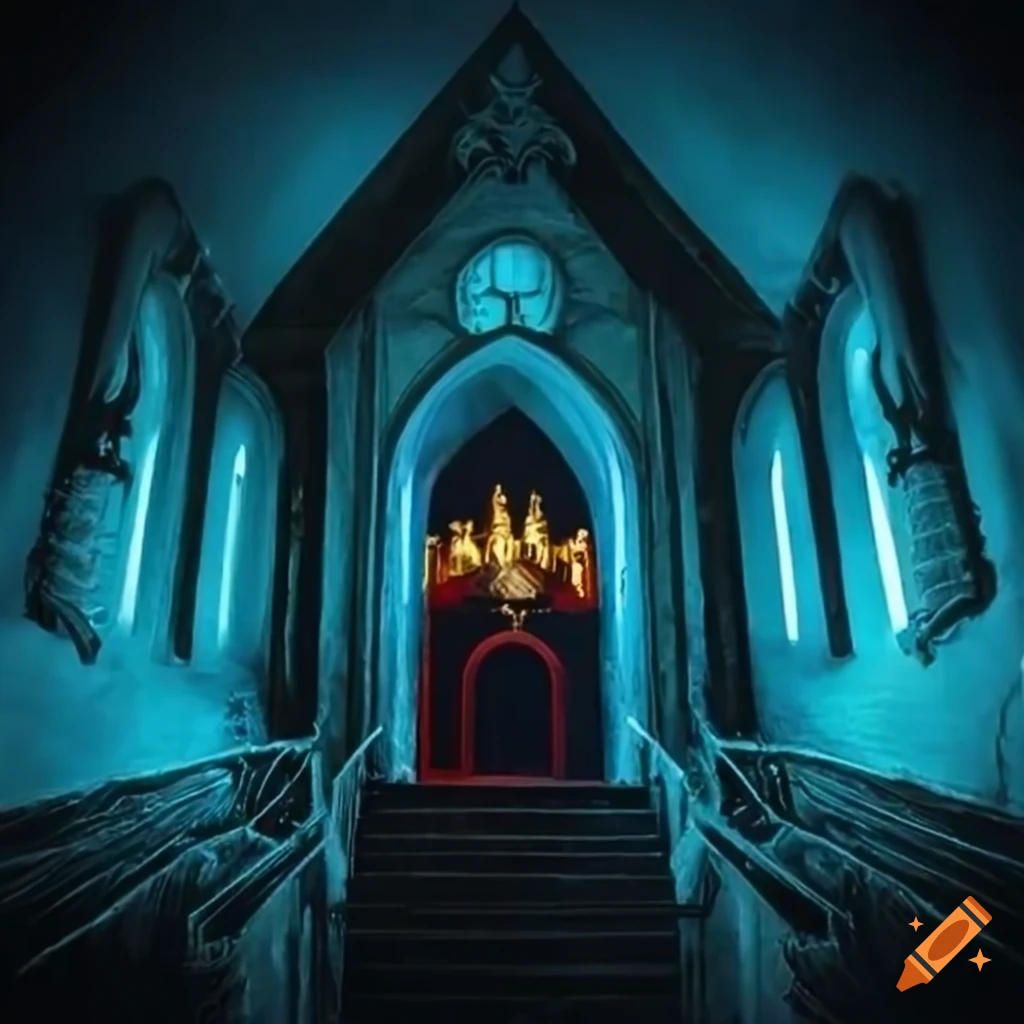 Haunted church dark ride in an amusement park on Craiyon