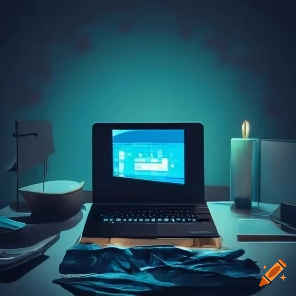 Developer working at a symmetrical room with laptop on Craiyon