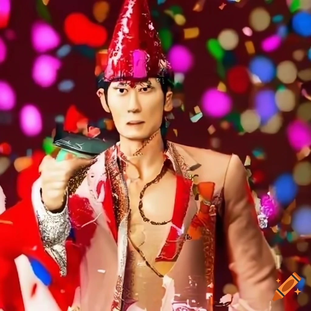 Kiryu kazuma wearing a party hat with confetti