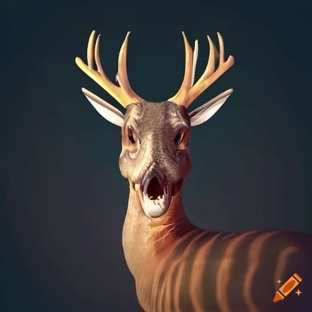 Artistic representation of a t. rex with a deer's head