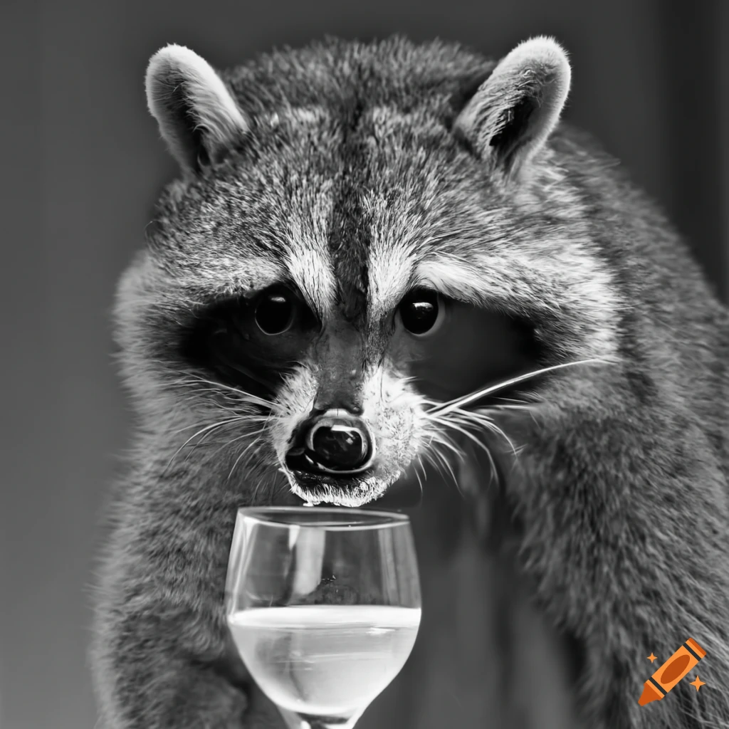 Black and white photo of a raccoon sipping wine on Craiyon