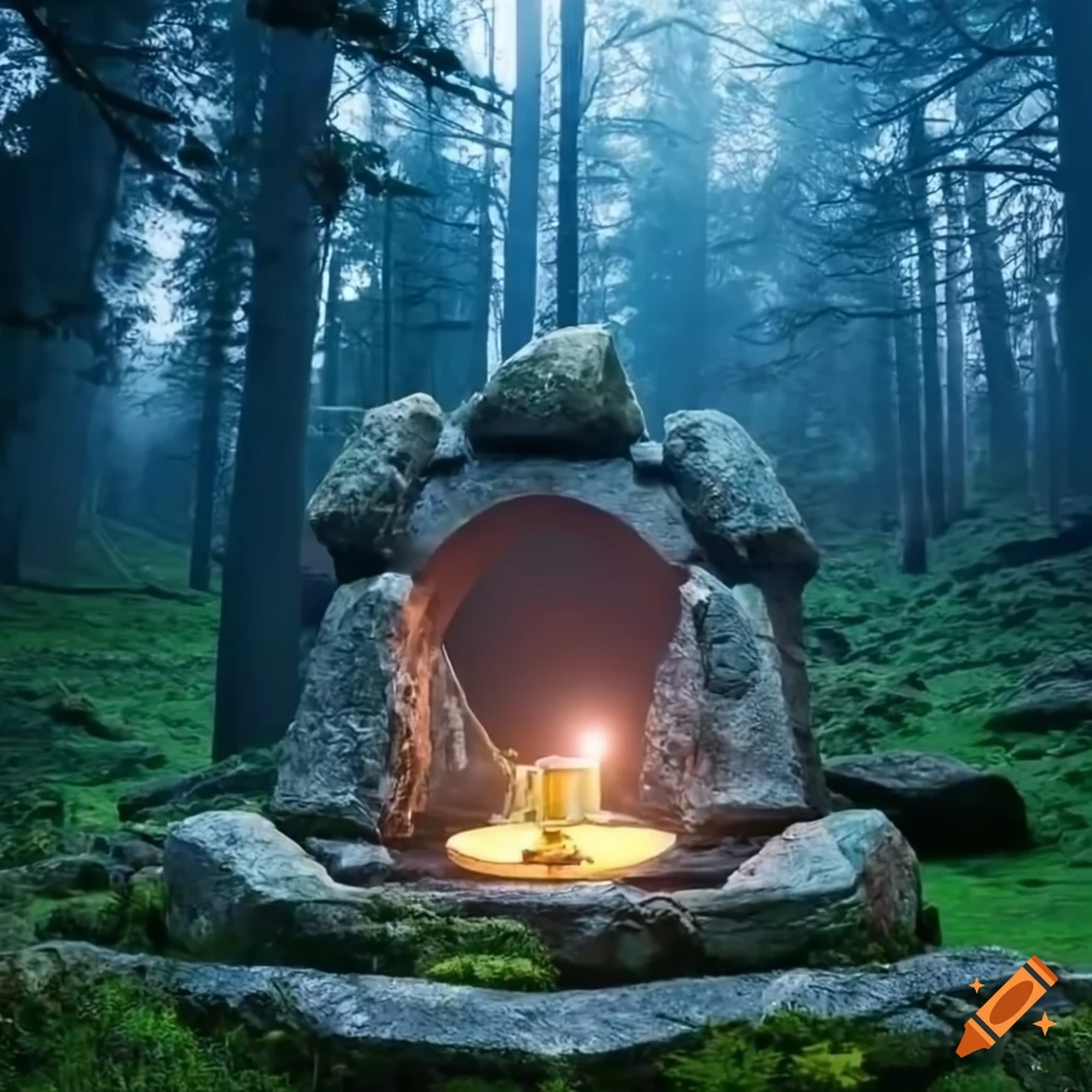 Night scene of a stone altar in the forest