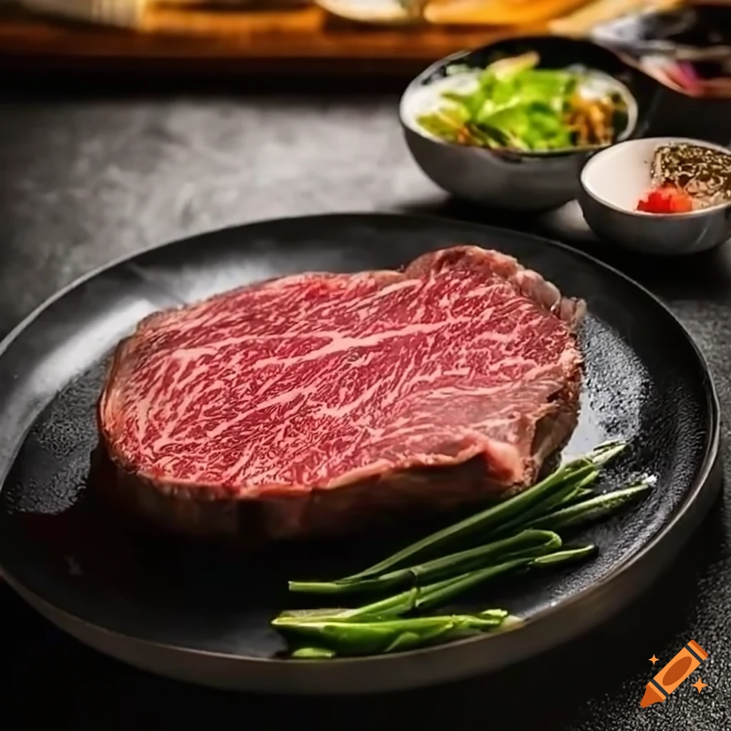 Plate of perfectly cooked wagyu beef on Craiyon