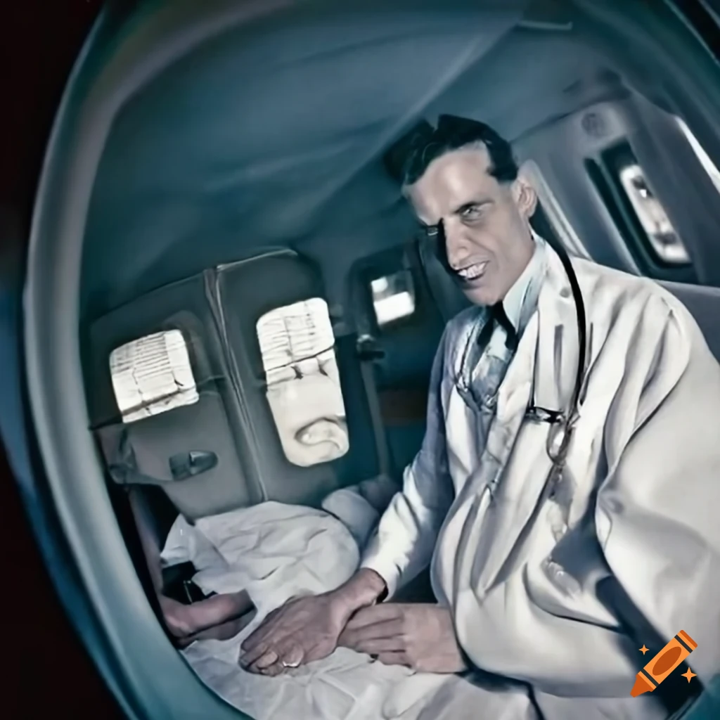 1940s color fisheye photograph of a male doctor beside an ambulance on ...