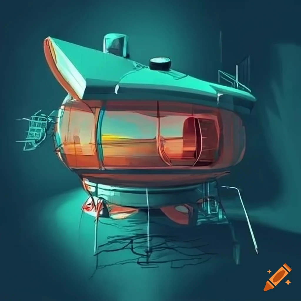 Retro futurism concept art of a living pod with unique landing stilts ...