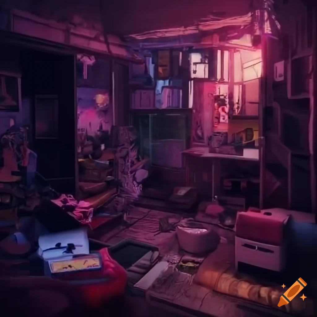Cozy and cluttered cyberpunk apartment on Craiyon