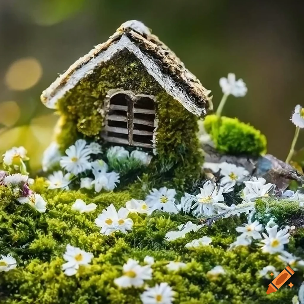 Hyper realistic miniature house with moss and flowers on Craiyon