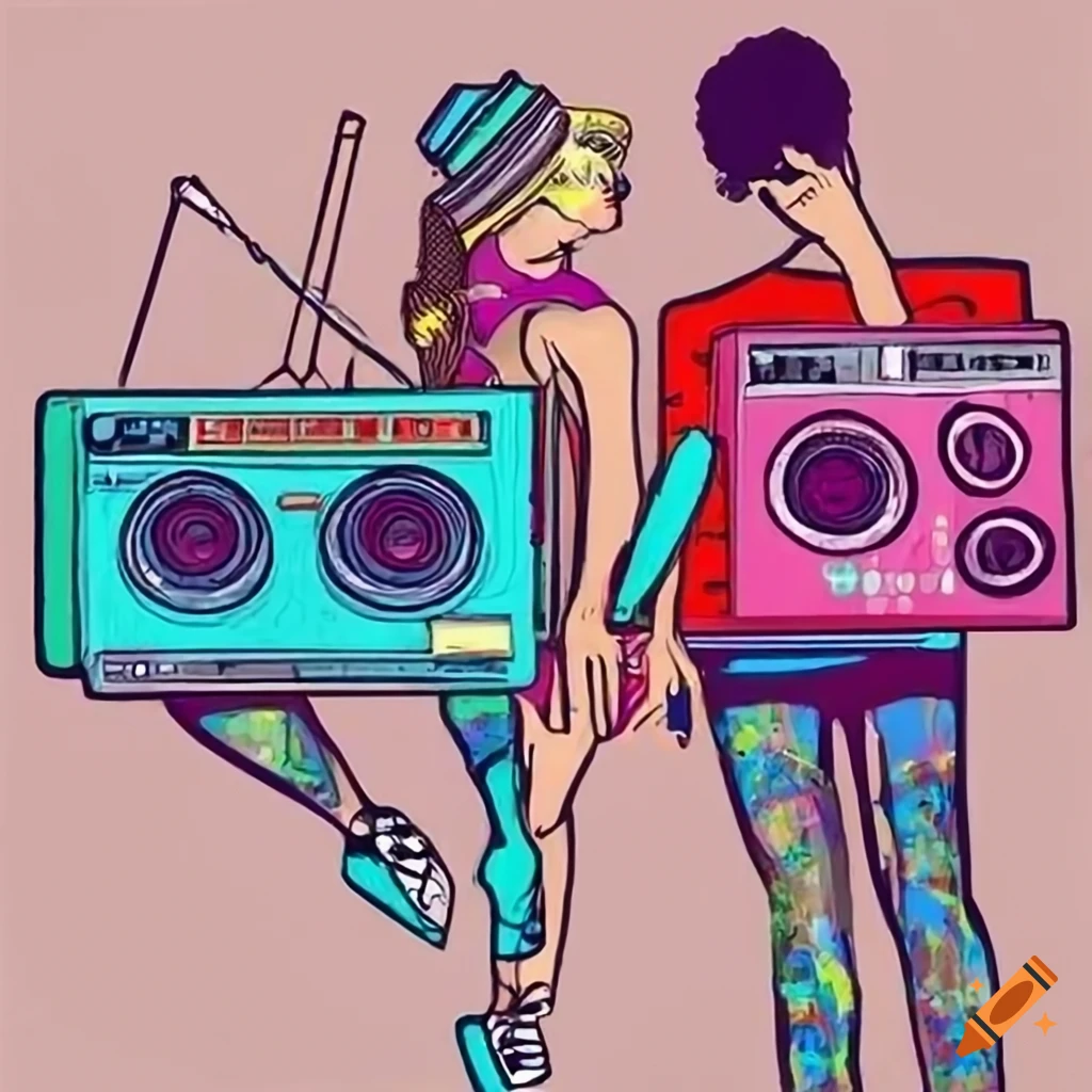 Vibrant art illustration of a girl with a boombox on Craiyon