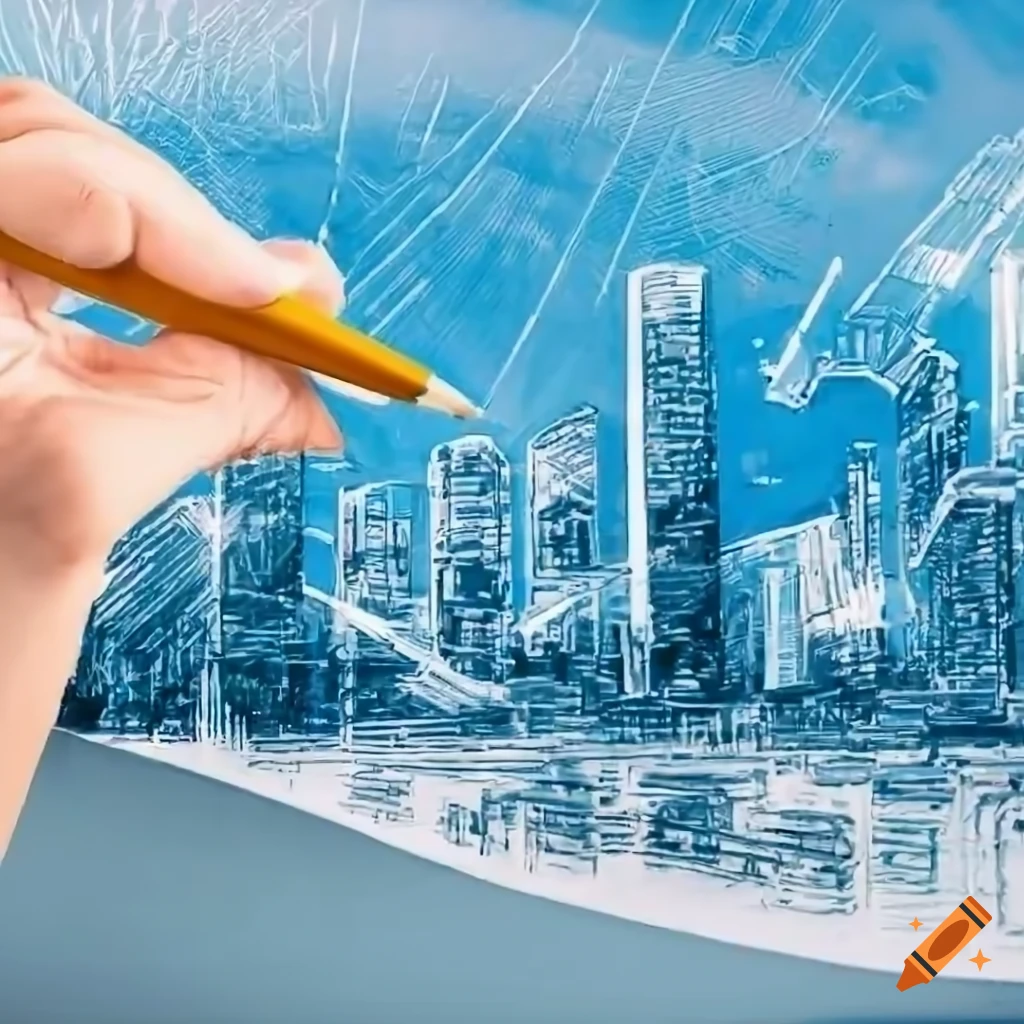 Ink drawing of bonifacio global city philippines merged with futuristic ...