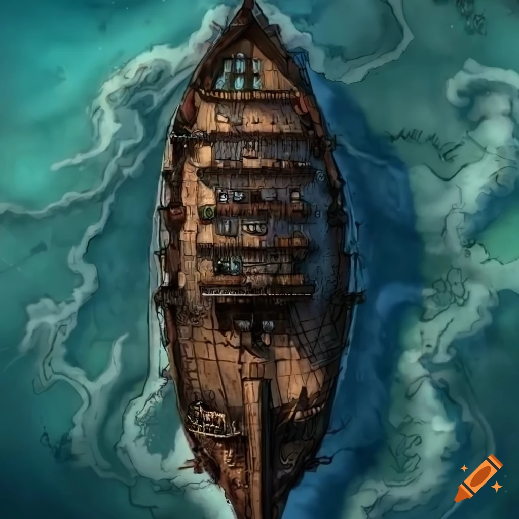 Top-down 10x10 dnd battlemap of a docked ship on Craiyon