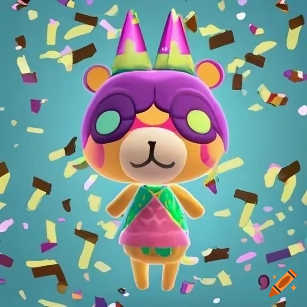 Animal Crossing characters with party hats and confetti on Craiyon