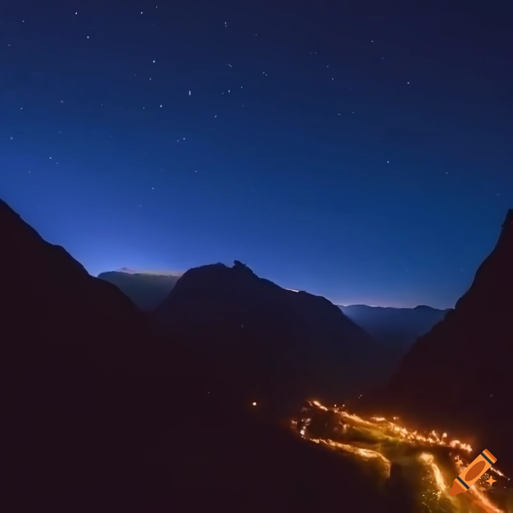 Starry night in the valley with village lamp