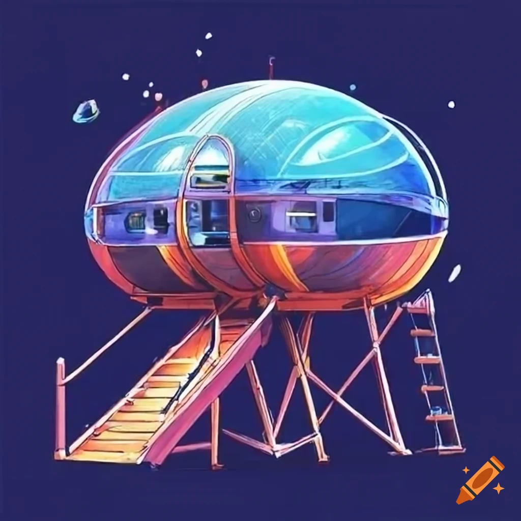 Detailed technical drawing of a retro futurism living pod with unique ...