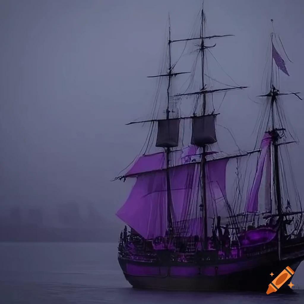 Mysterious purple and black pirate ship in the misty sea