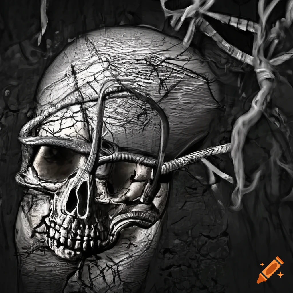 Surreal artwork of a broken skull with twisted elements on Craiyon