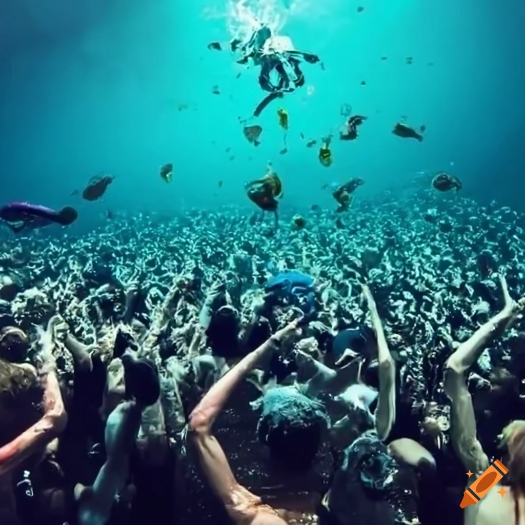 Underwater concert crowd with diving gear on Craiyon