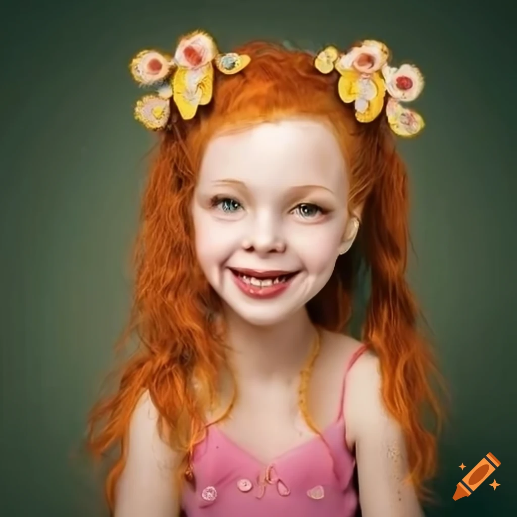 Illustration Of Adorable Smiling Ginger Haired Girls In Colorful