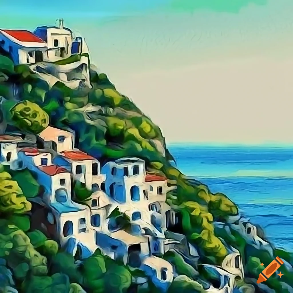 Picturesque Greek houses on a steep hill on Craiyon