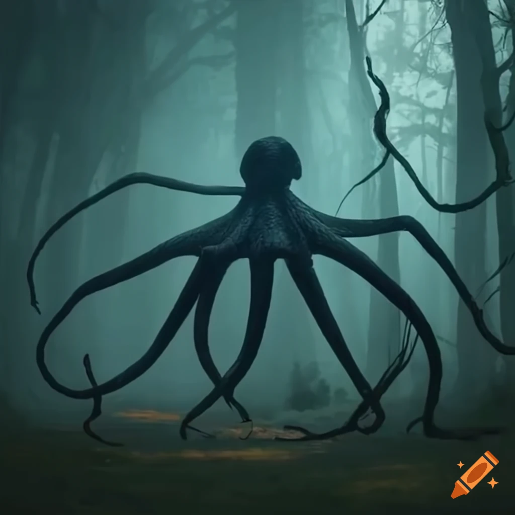 Image of a scary monster hiding behind a tree on Craiyon