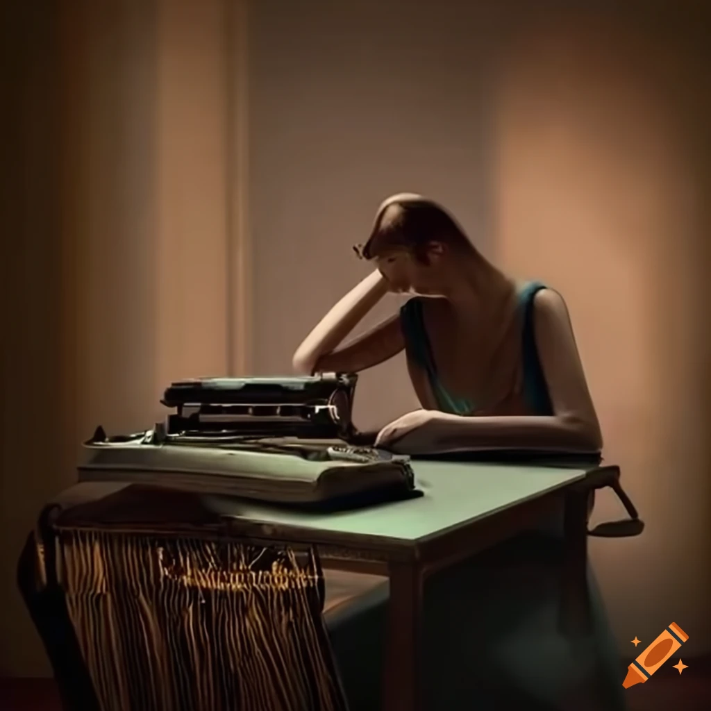 Photorealistic depiction of a lonely writer at a typewriter