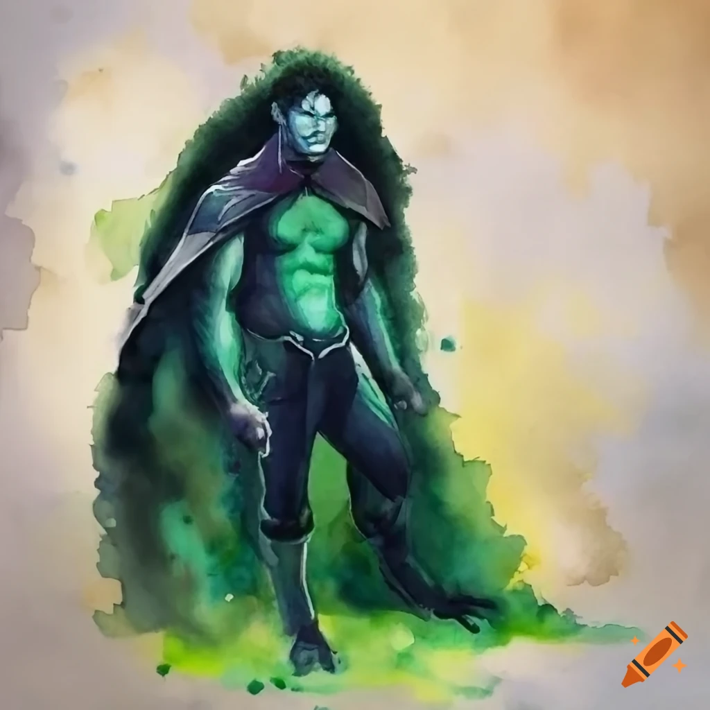 Watercolor painting of a male Elf standing in a forest on Craiyon