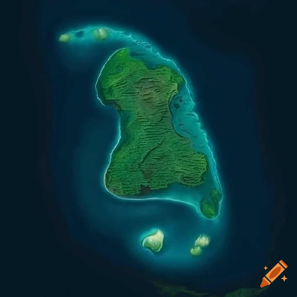 Top down map of a forested island with mountains on Craiyon
