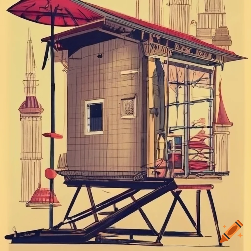 Detailed technical drawing of a unique living pod with landing stilts ...