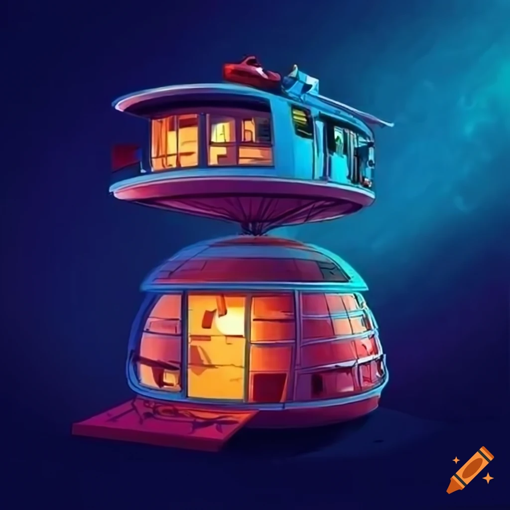 Retro futurism concept art of a living pod with unique landing stilts ...